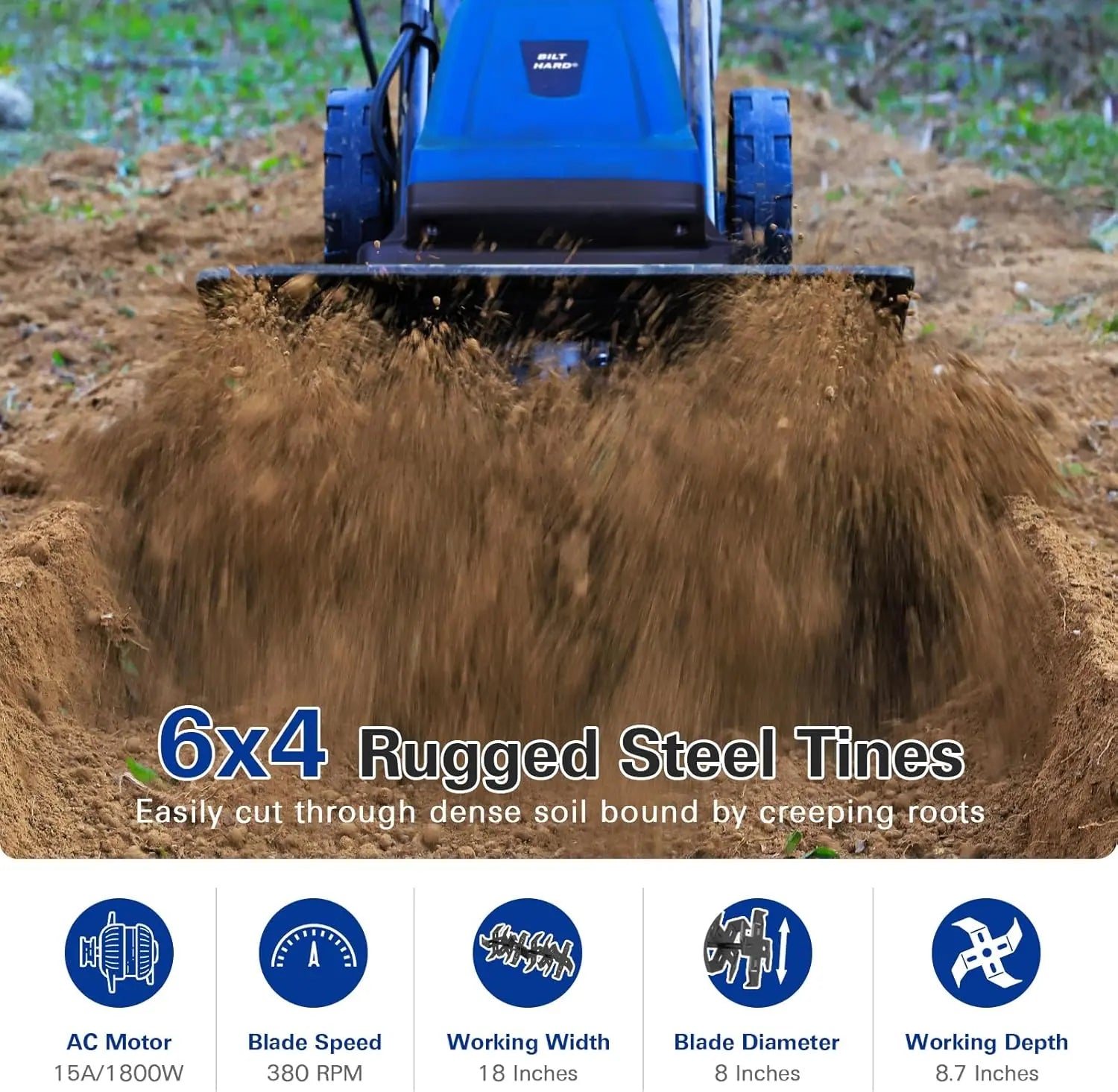 BILT HARD 18" Electric Garden Tiller – 15 Amp Corded Cultivator with 6 ...